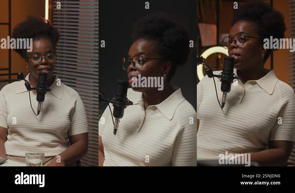 Split Screen of Confident Black Female Radio Host Speaking in Mic in ...