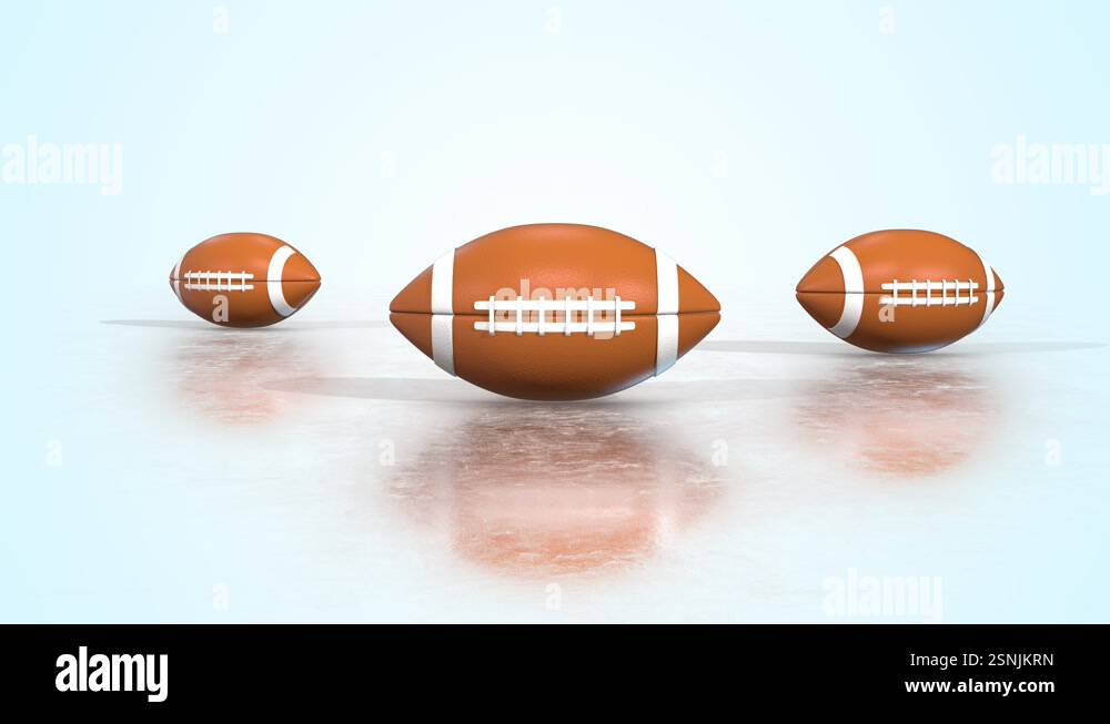 3D American Footballs on a Reflective Floor. Sports Balls 3D Animation ...
