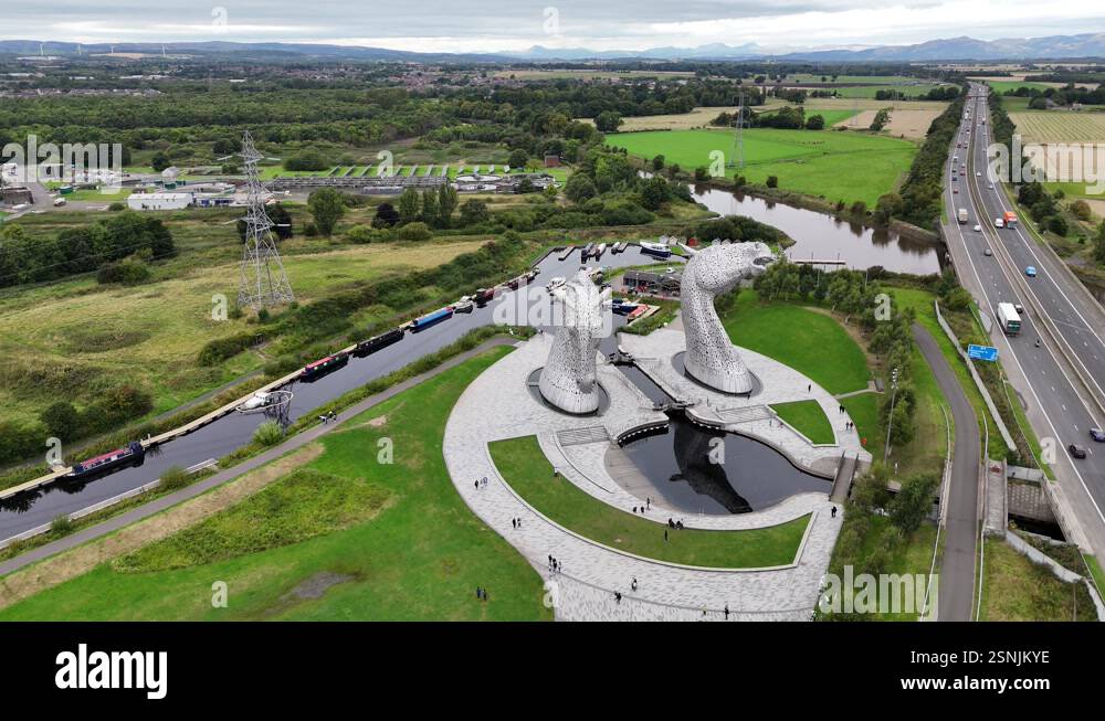 Horse head sculptures The Kelpies Helix Park Falkirk Scotland drone ...