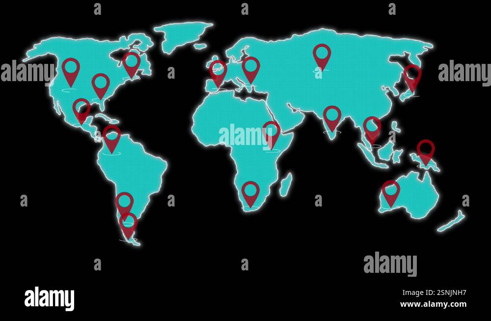 World map on a black background with animated jumping pins indicating ...
