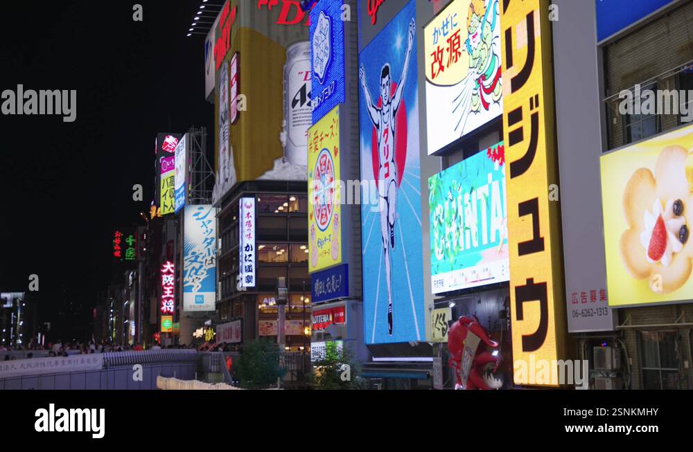 Bright Neon Lights of Osaka's Namba Night Life Area, Glico Man Sign and ...