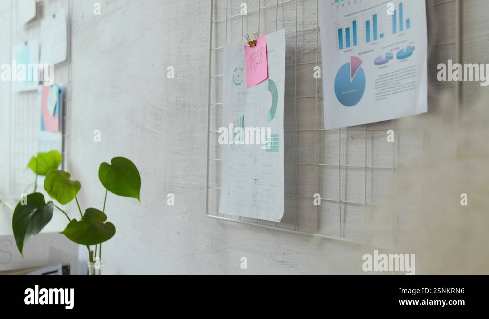 Wire Mesh Bulletin Board with Paper Charts and Graphs in Bright Modern ...