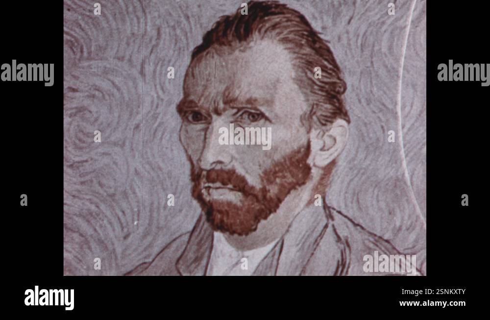 1960s: Vincent Van Gogh painting of sun in sky and trees. Self-portrait ...