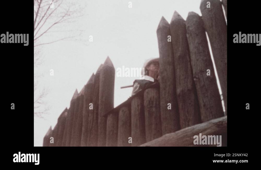 1960s: Map of Virginia. Low angle, man standing on fort wall, pan ...