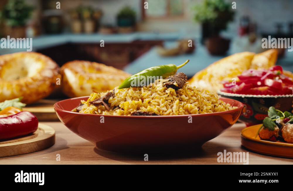 Middle eastern national traditional food, pilaf rice plov, samsa, Kabsa ...
