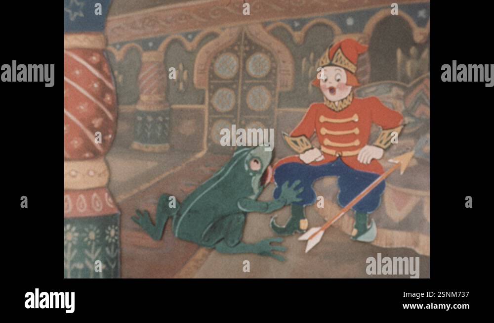 1960s: Animation, frog in palace. Frog talking to prince. Princess ...