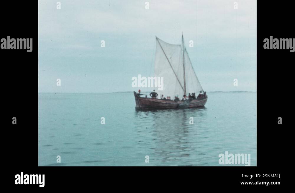 1960s: men in colonial costume talk, nod, men in small sailing boat ...