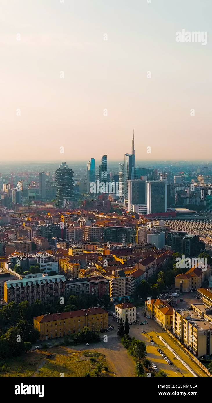 Vertical video. Milan, Italy. The famous skyscrapers of Milan are ...