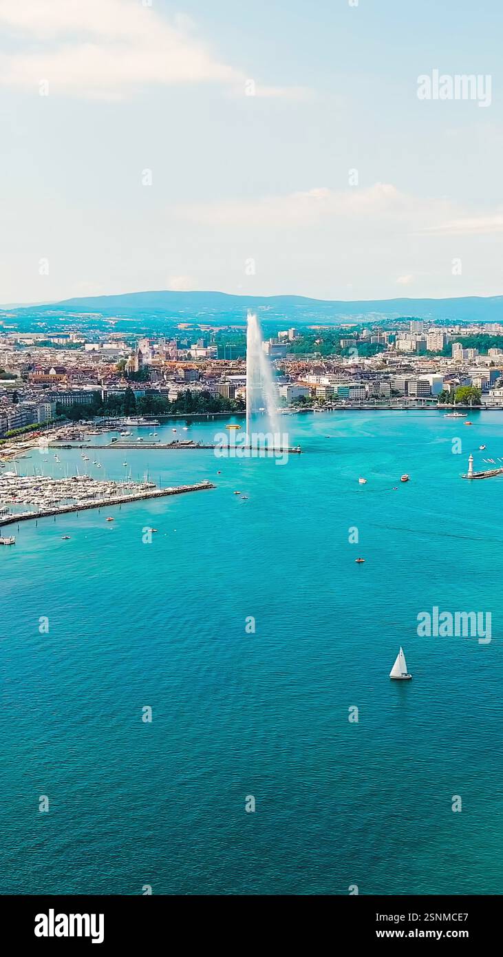 Vertical video. Geneva, Switzerland. Fountain Je-Deau. Large fountain ...