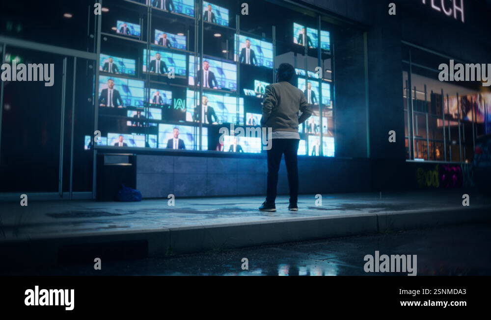 Storefront Television Display with a Man Watching News Stock Video ...
