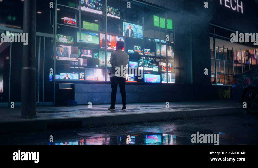 Storefront Television Display with a Man Watching Broadcast Channel ...