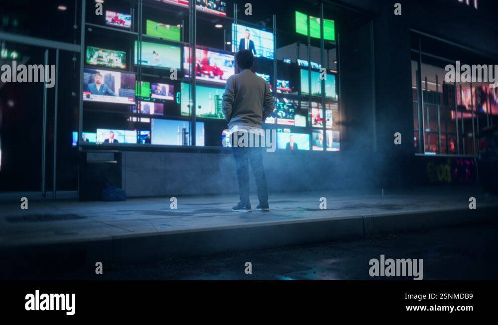 Storefront Television Display with a Man Watching Broadcast Channel ...