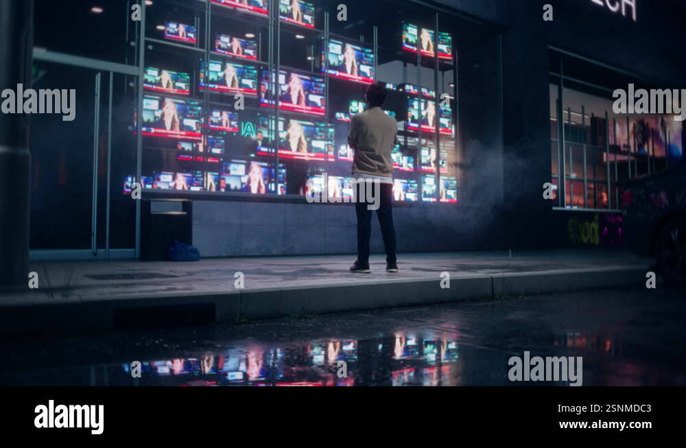 Storefront Television Display with a Man Watching News Stock Video ...