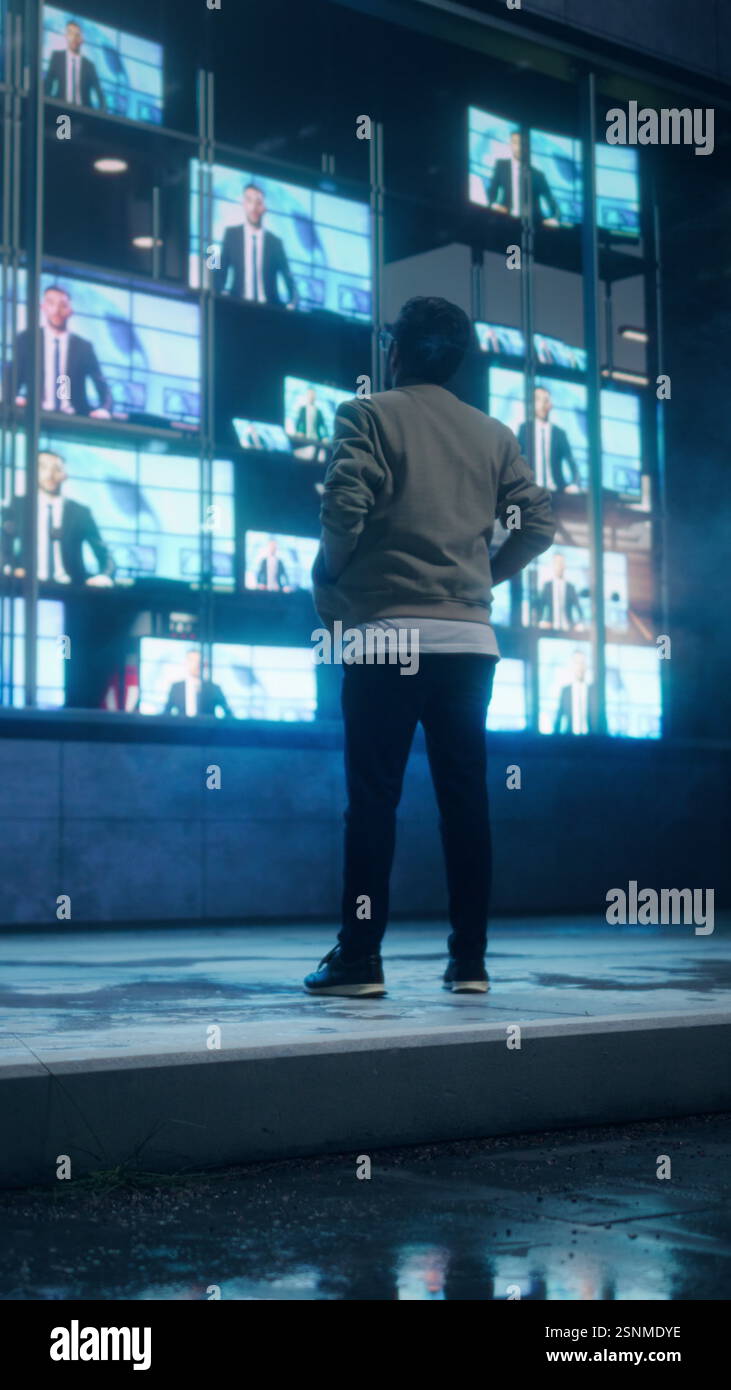 Vertical Screen Storefront Television Display with a Man Watching N ...