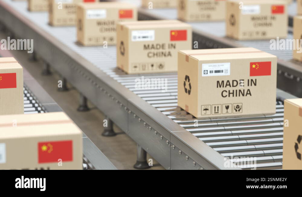 Made in China. Cardboard boxes with product from China on conveyor ...