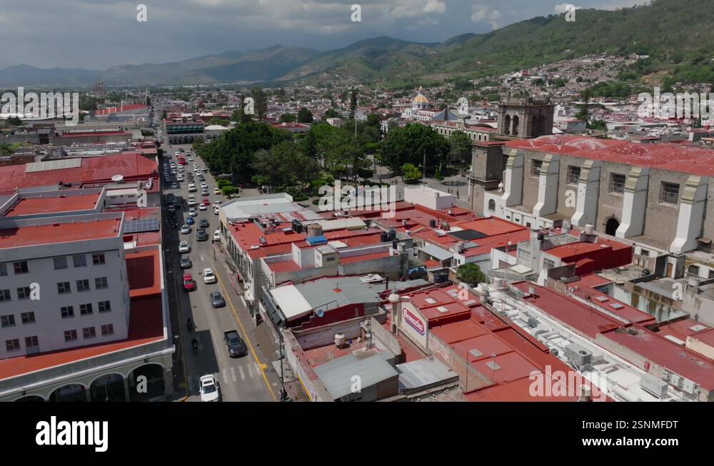 Static aerial of Ciudad Guzman Cathedral and main square along 1 de ...