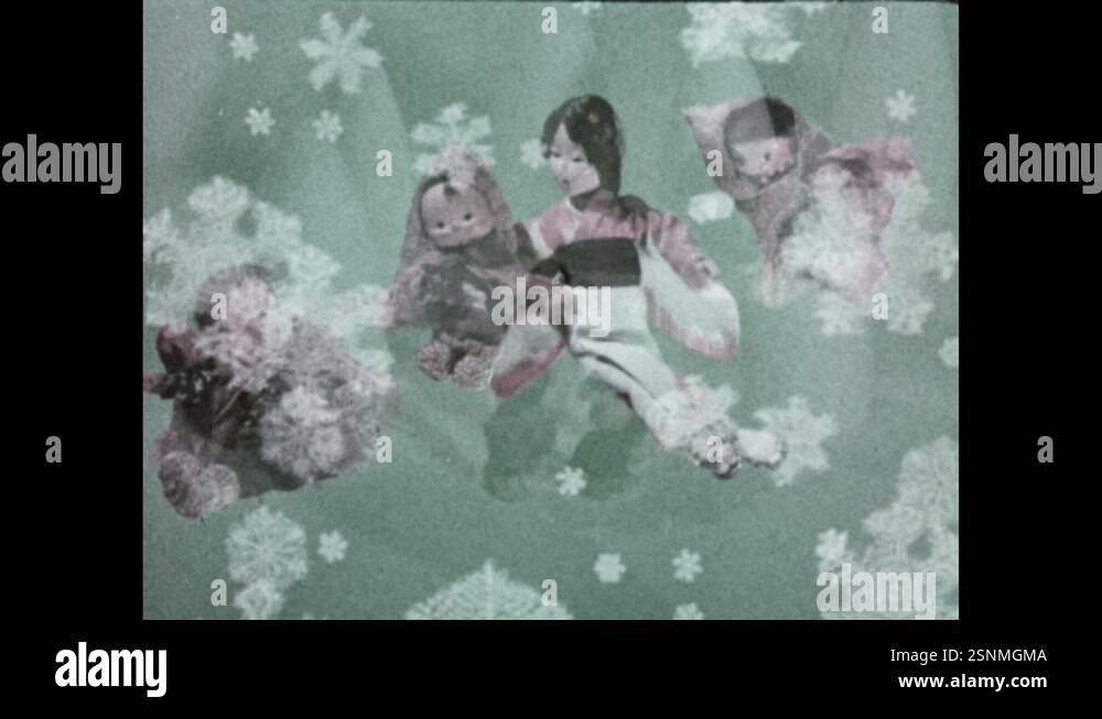 1960s: Animation, woman and kids sledding down hill. Shots of landscape ...