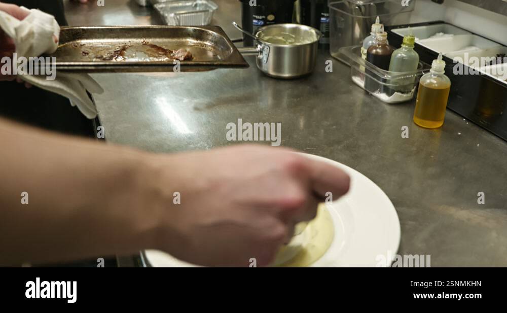 Process of Preparation of Meat Dishes by Chef Cook at Restaurant ...