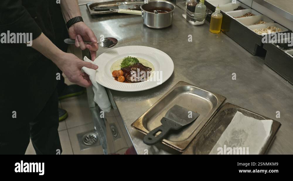 Process of Preparation of Meat Dishes by Chef Cook at Restaurant ...