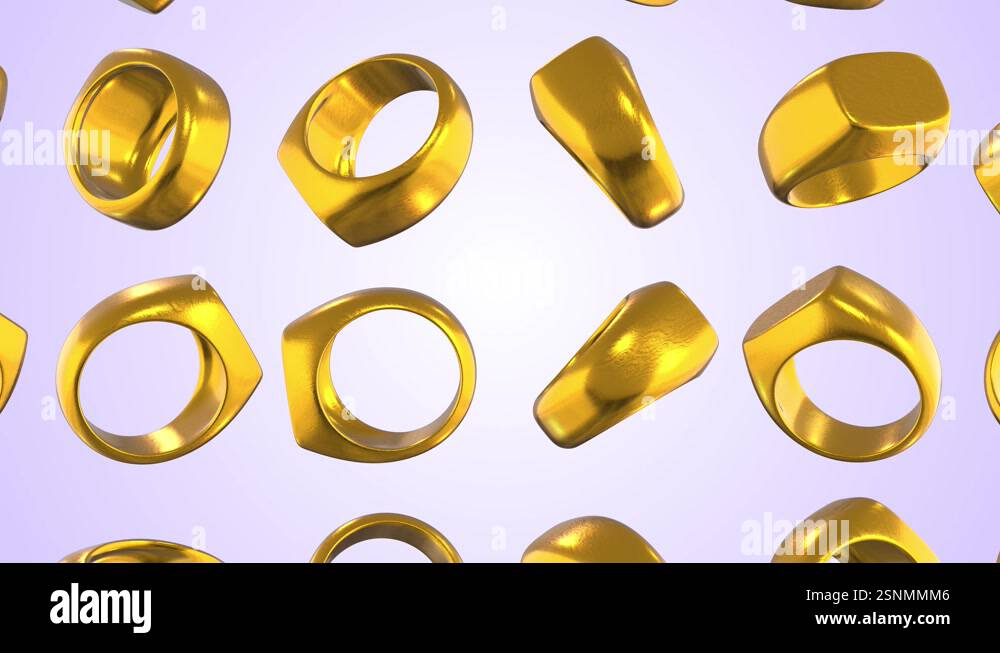 Golden Signet Rings Falling on a Light Background. Gold Ring 3D ...