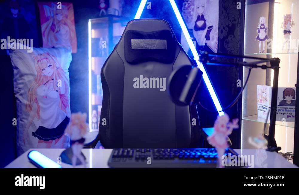 Empty gaming chair moving in anime influencer room with neon lights ...
