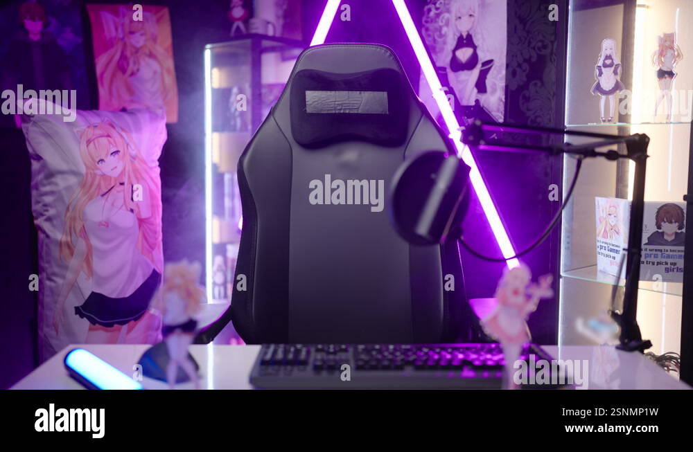 Empty gaming chair moving in anime influencer room pink neon light ...