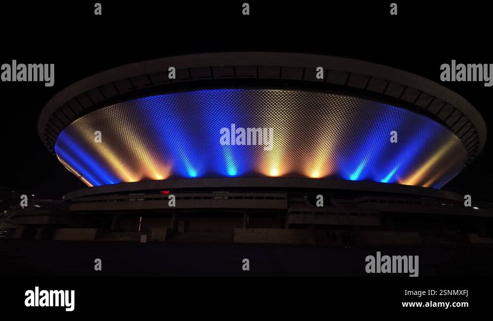 Autumn night walk by illuminated Spodek arena in Katowice city - 4K ...