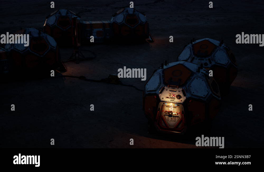 Exploring a Mars colony base at night with illuminated modules and ...