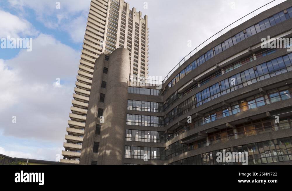 Pan-right showcasing the unique structural design of the Barbican ...