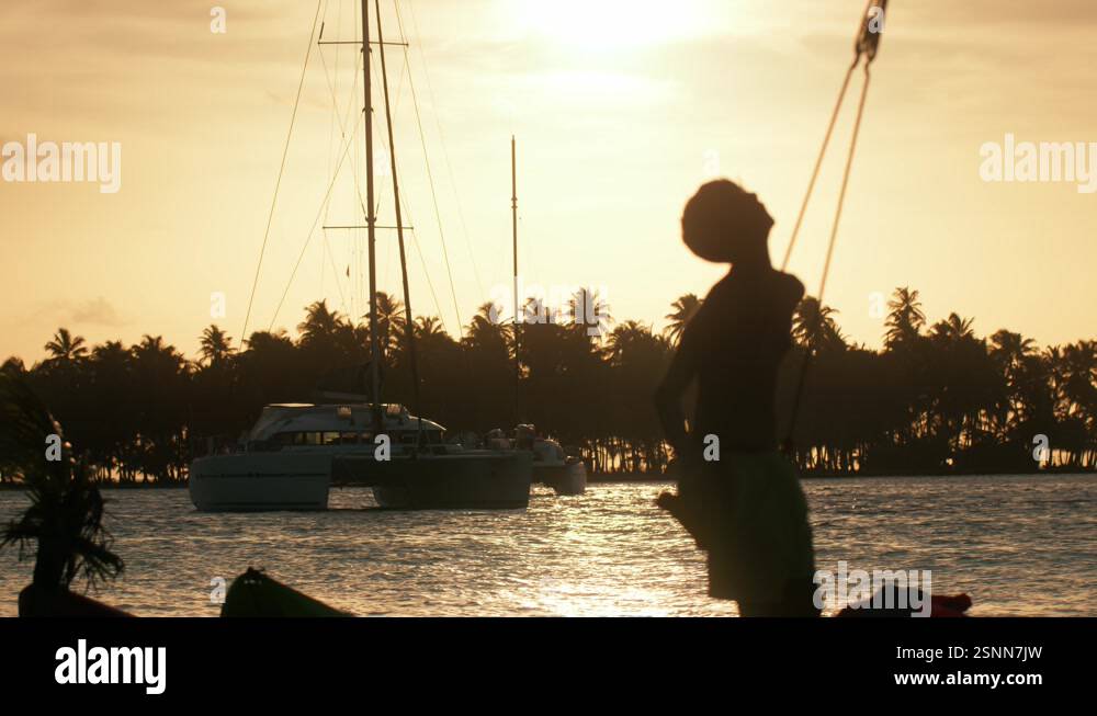 Silhouetted Boy on Swing under Palm Tree at Sunset in Slow Motion ...
