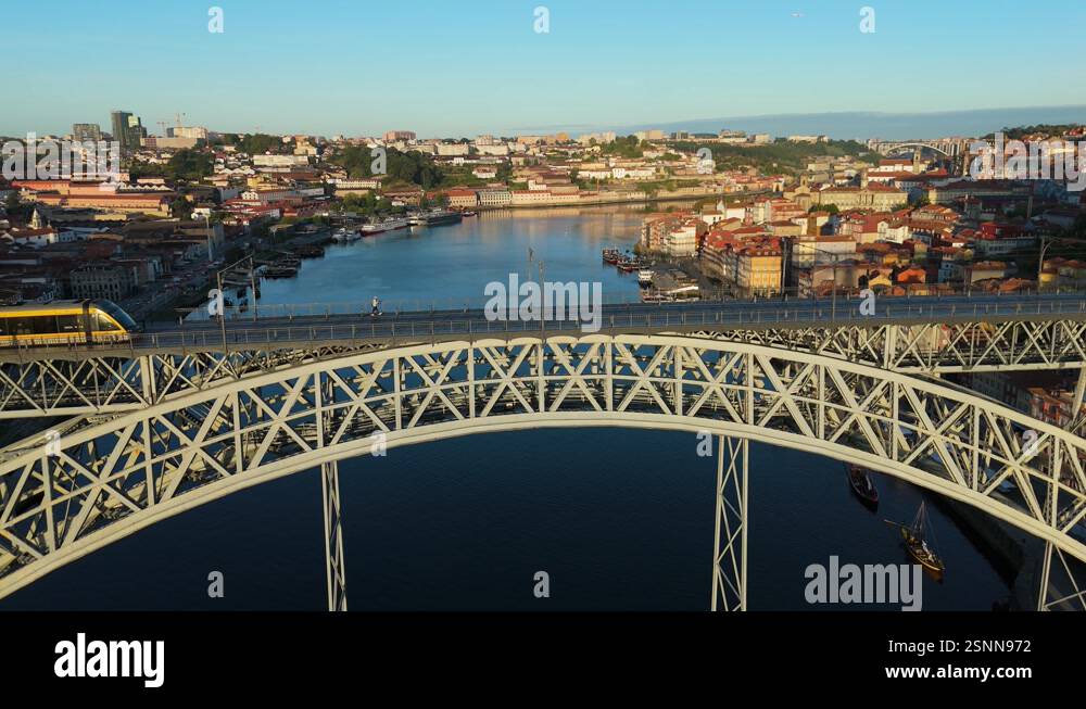 Porto City, Douro River and Dom Luis Bridge I with Tram in Morning ...