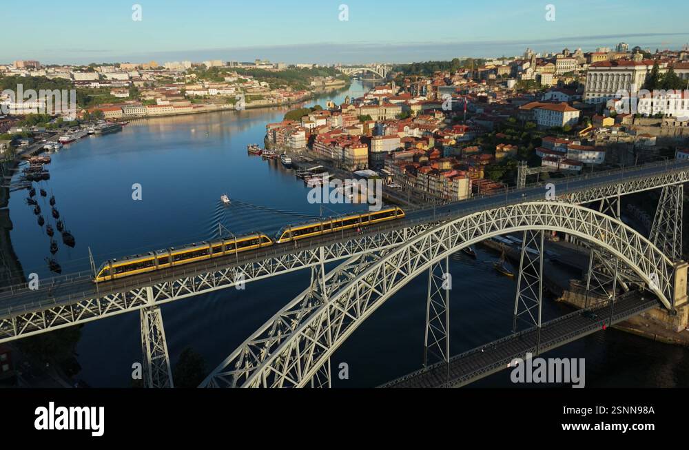 Porto City, Douro River and Dom Luis Bridge I with Tram in Morning ...