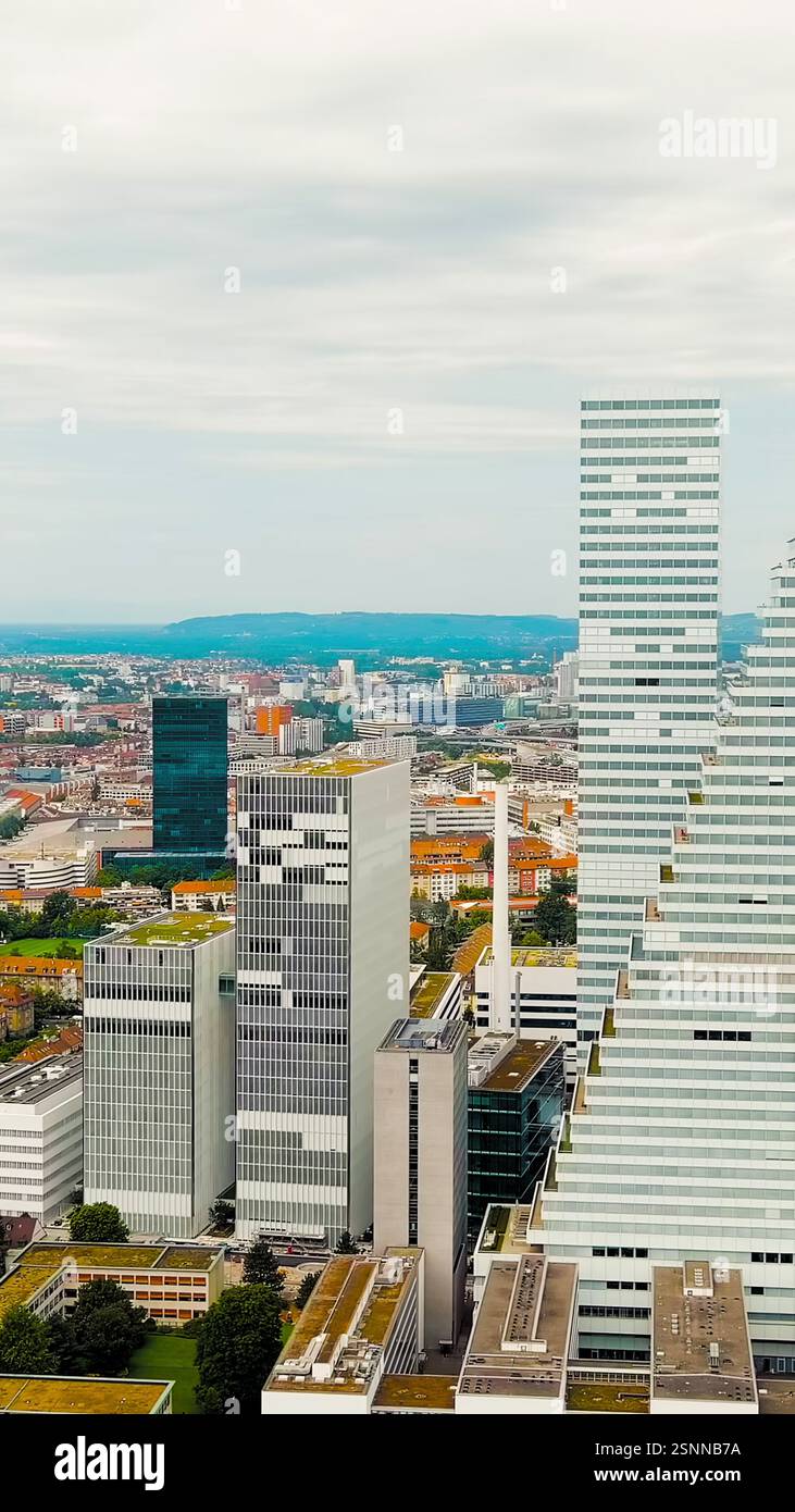 Vertical video. Basel, Switzerland. Skyscrapers. Basel is a city on the ...