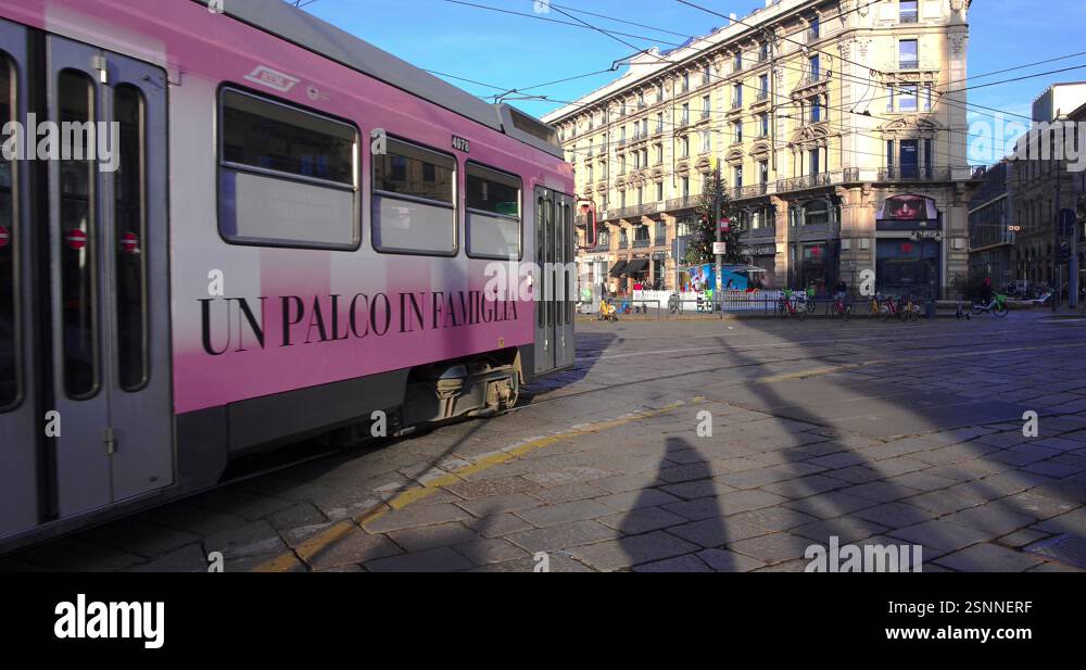 Pink tram in cordusio square in milan in Italy on 12-16-2024 Stock ...