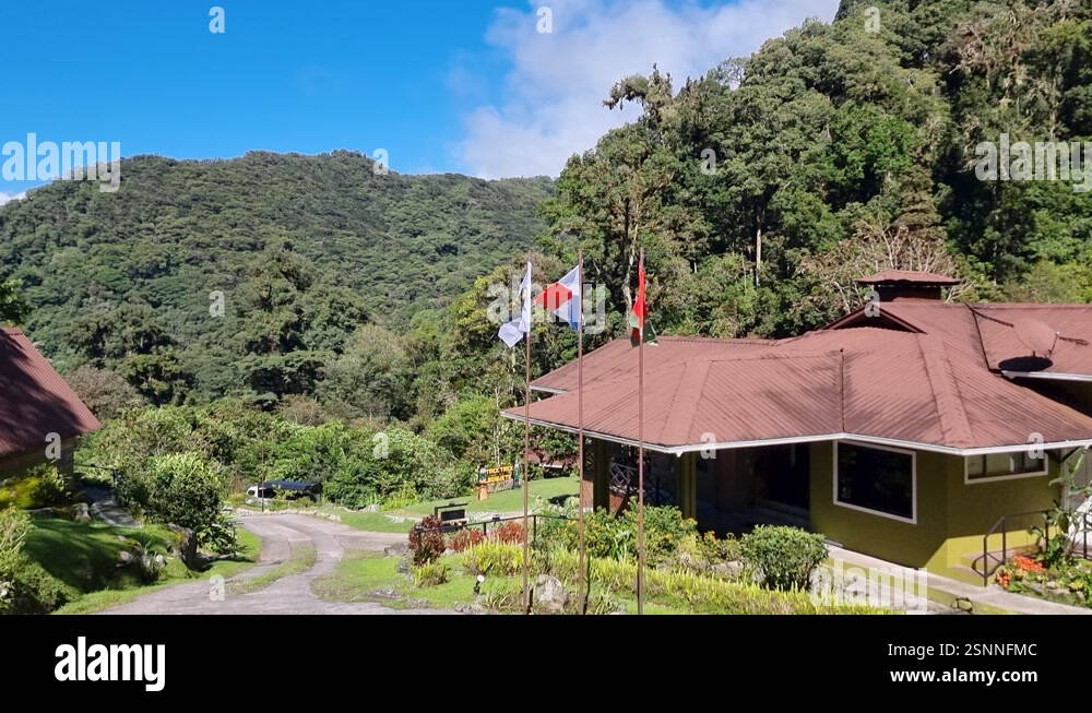 Panama, Boquete, flags at the entrance of the Boquete Trek visitor ...