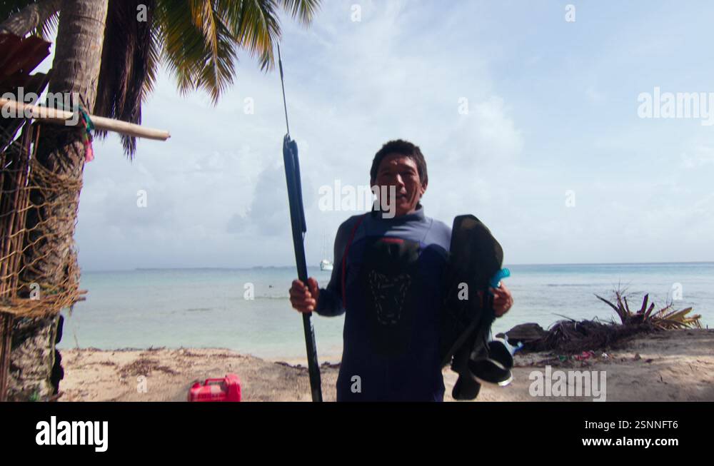 Kuna Yala Fisherman Holding Gear and Spear in His Village on San Blas ...