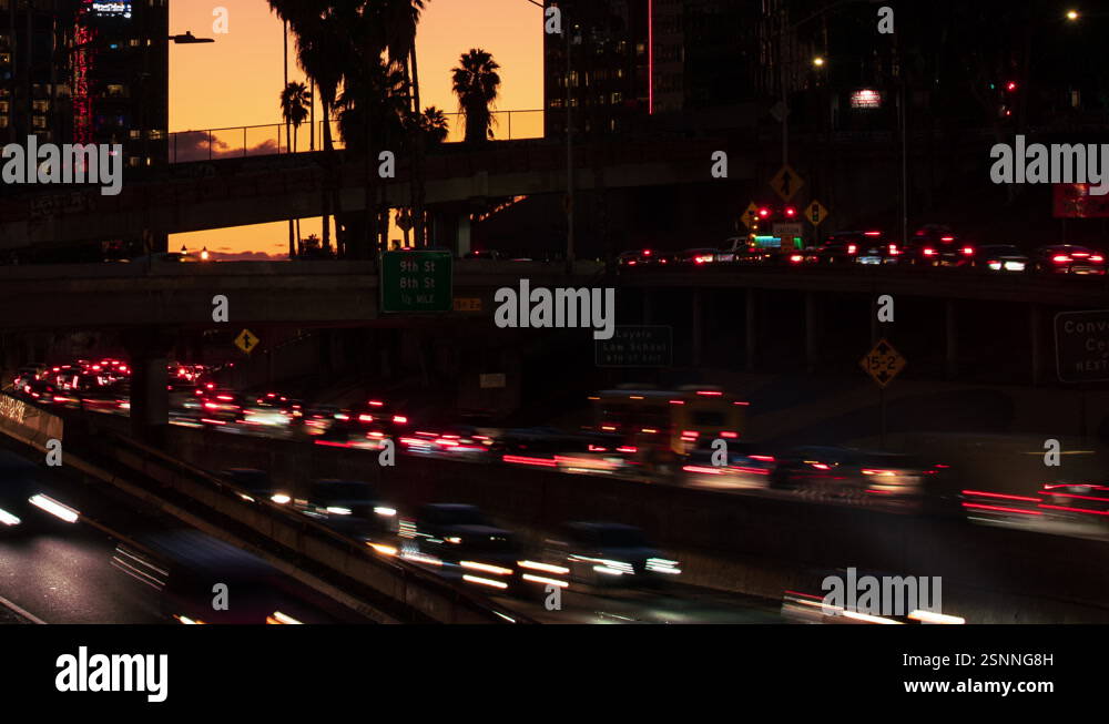Sunset to Night Time Lapse of Los Angeles Downtown Freeway Traffic Jam Time Stock Video Footage ...