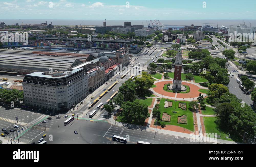 Flyover Retiro Train Station and Monumental Tower plaza, Buenos Aires ...