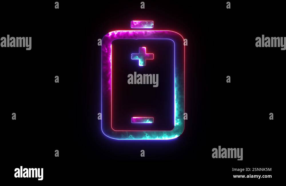 Glowing blue and purple neon battery icon. Neon charge battery sign ...