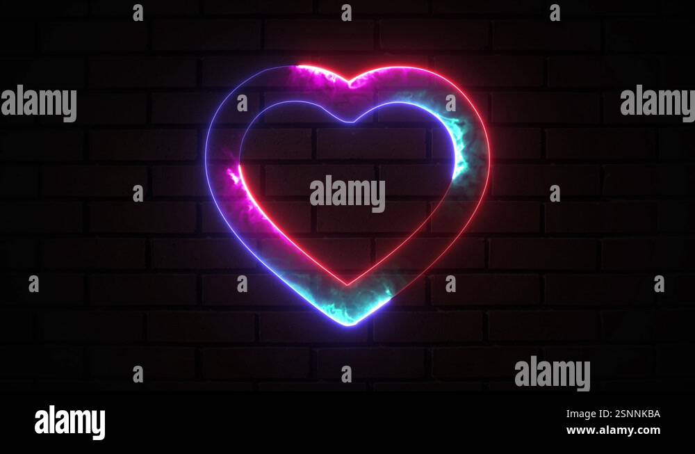 Bright neon heart shape suit icon. Red and blue color neon heart shape ...