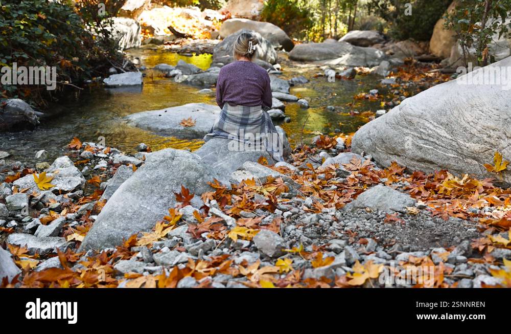 Young Girl Sitting on a Rock by a Creek with Fall Foliage in Angeles ...