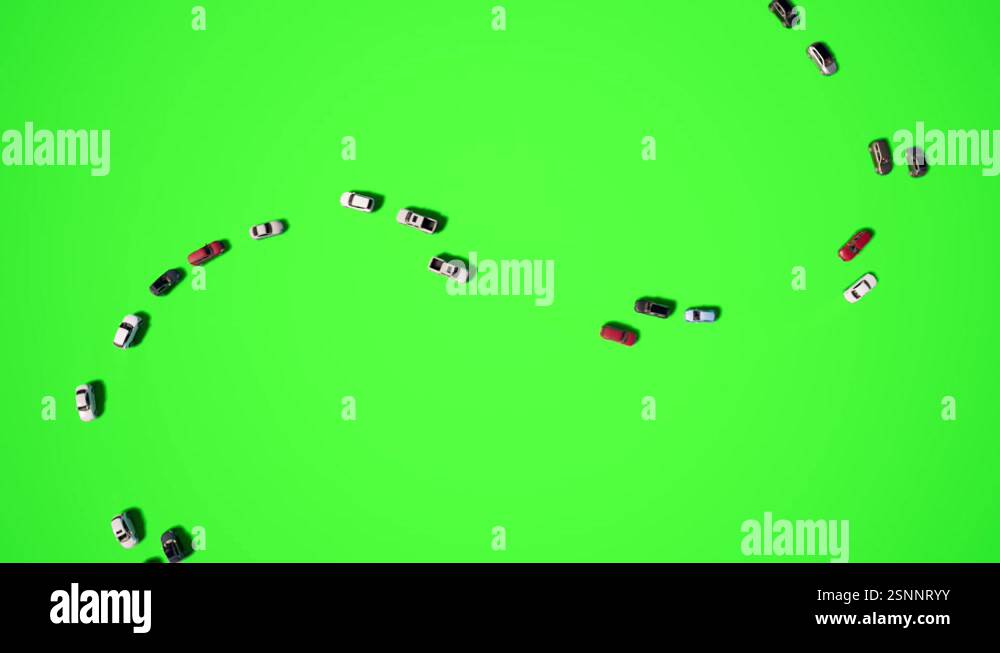 Cars driving on single S-shape lanes on green screen 3D animation top ...