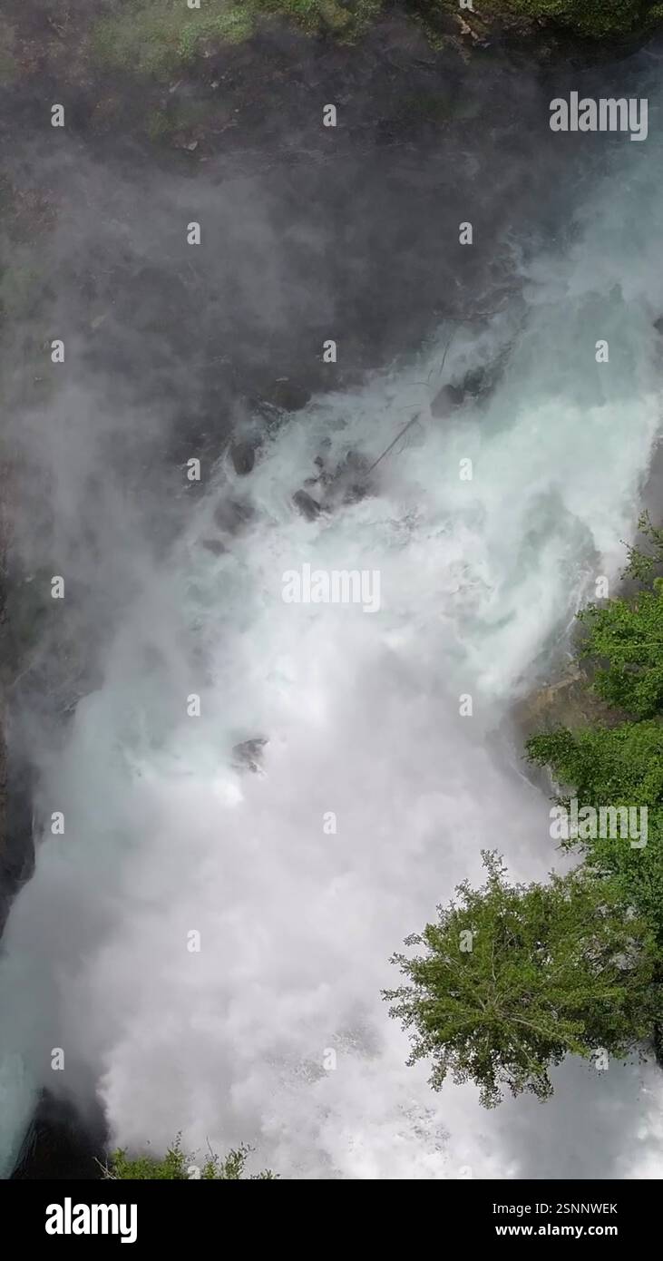 Waterfall water cascade powerful flow rate nature, aerial drone top ...