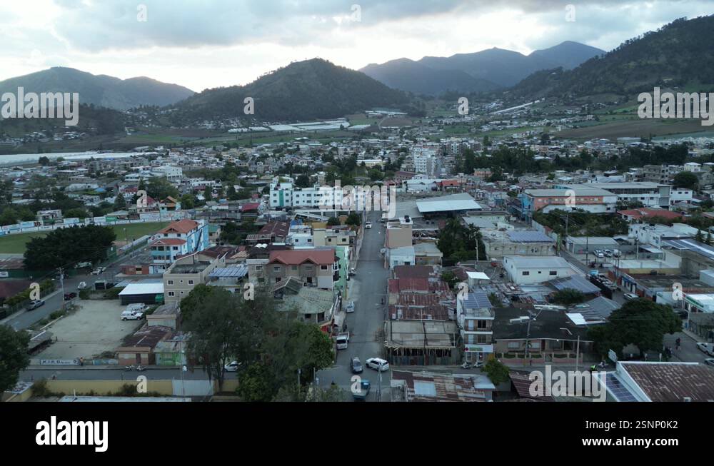 Aerial view of the town center of Constanza in the La Vega province in ...