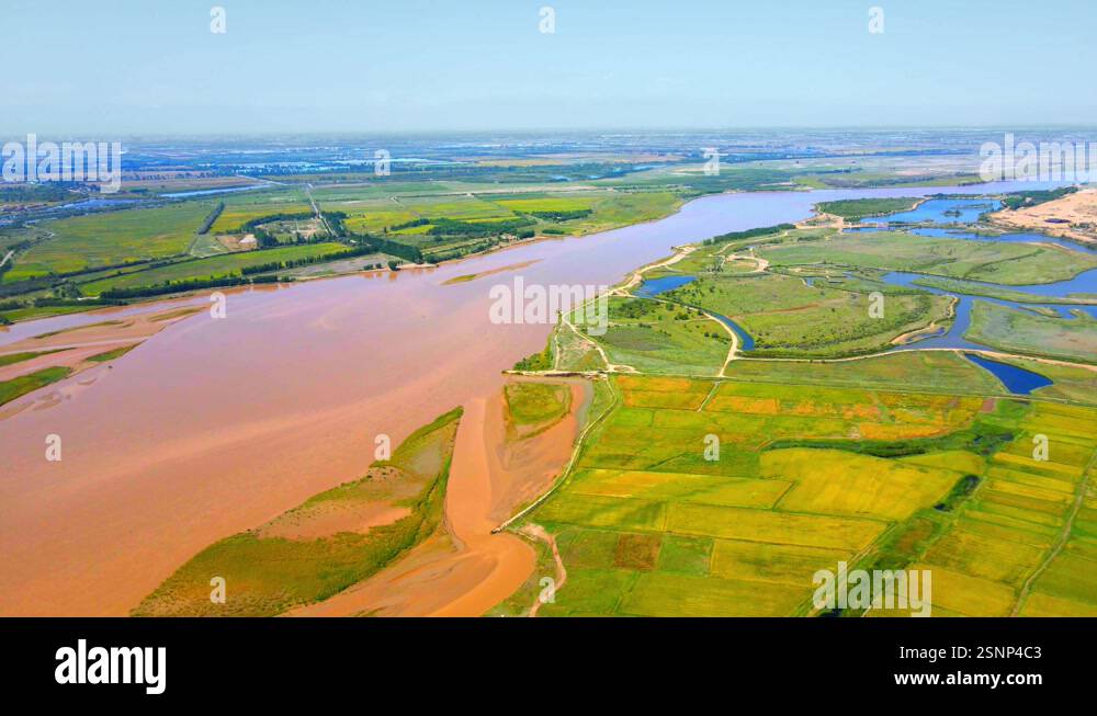 Aerial photography of the Yellow River, fields, and river plains Stock ...