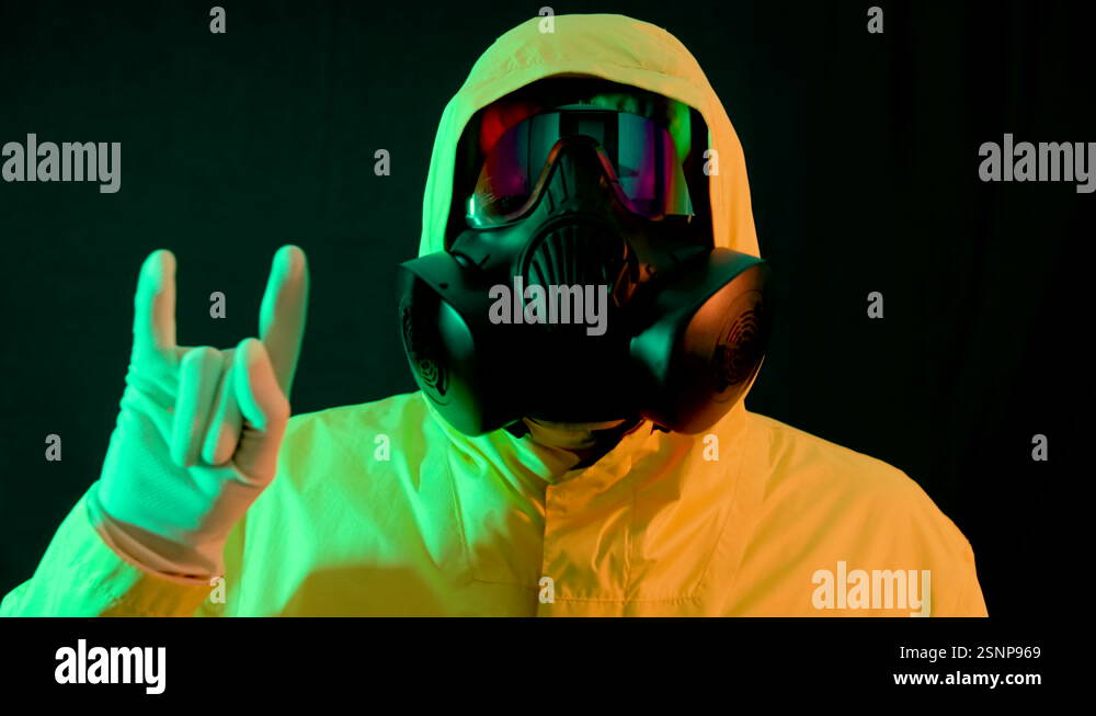 Cyberpunk character in gas mask making rock gesture, neon lit hazmat ...