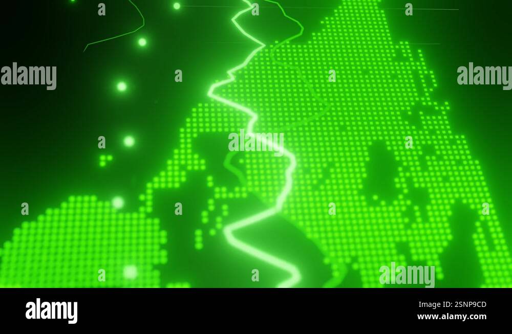 Digital map of Europe with glowing green grid, dynamic light trail, and ...