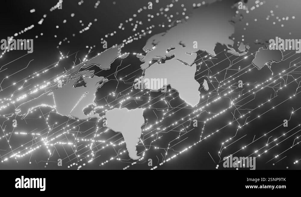 Digital world map with glowing white network connections on a dark ...