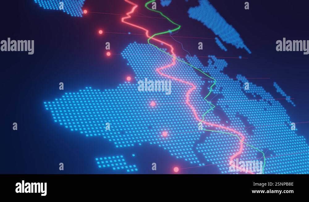 Digital map of Europe with glowing blue grid, red and green data lines ...
