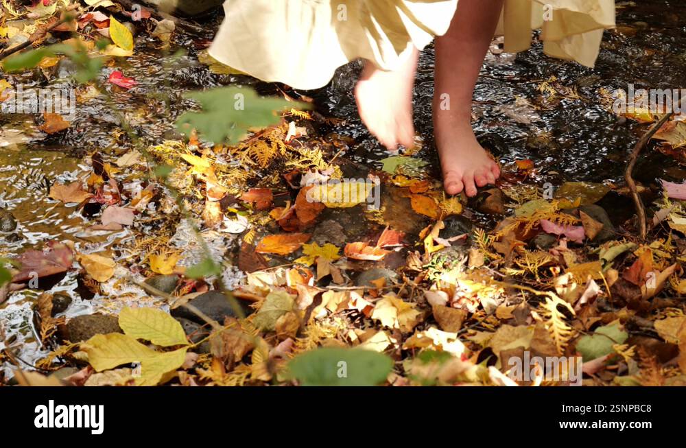 Girl Steps through Stream with Water and Leaves in the Autumn in the ...